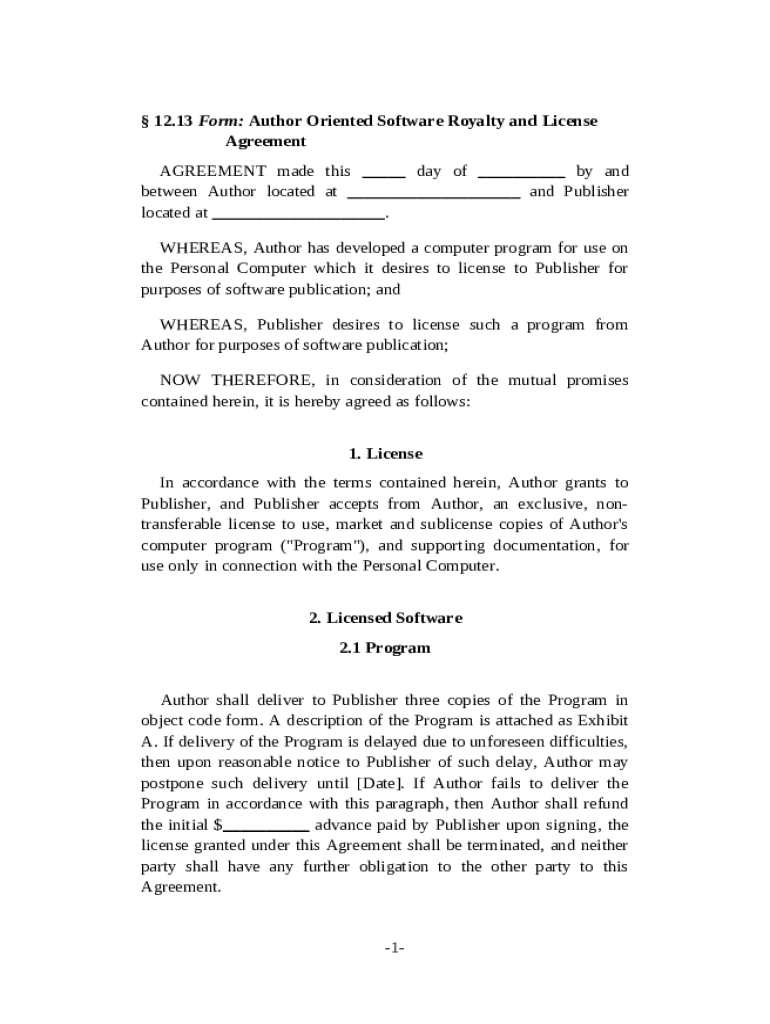 Author Oriented Software Royalty and License Agreement - Blank Fillable ...