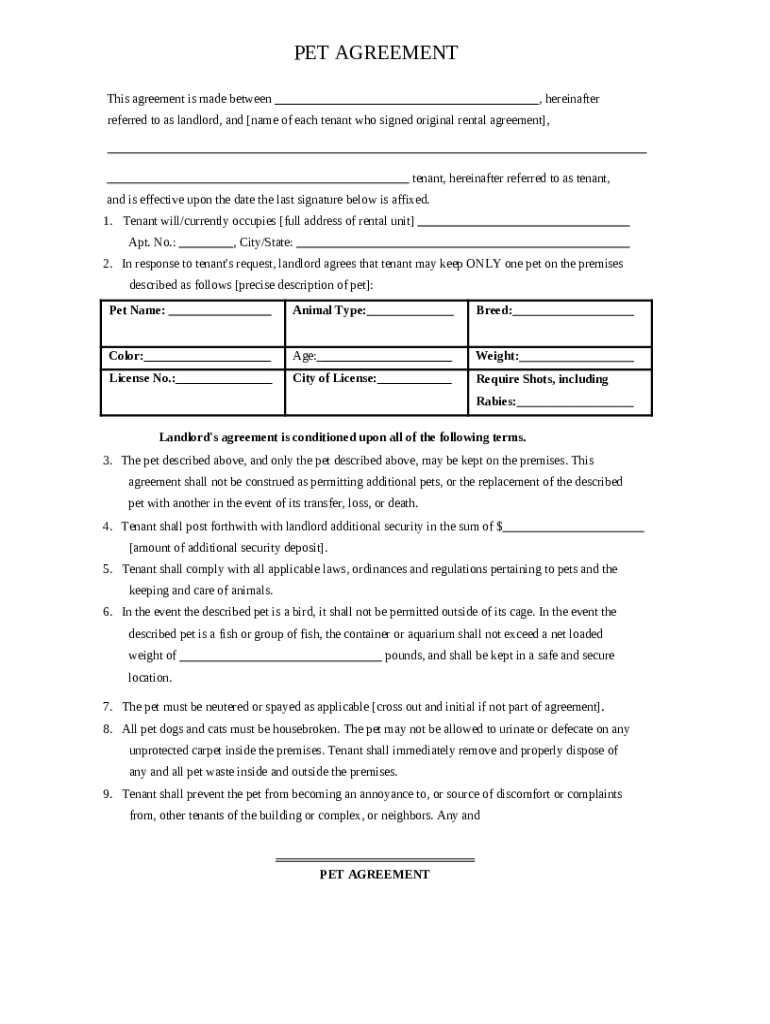 Pet Agreement between Landlord and Tenant Doc Template | pdfFiller