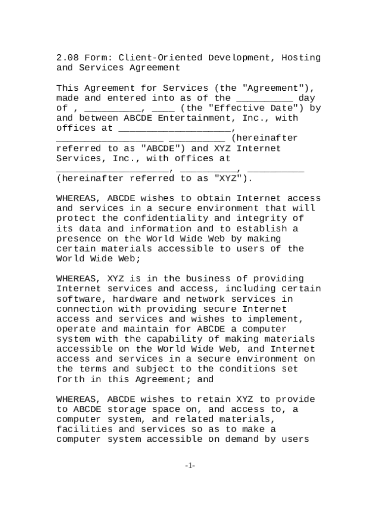 Client Oriented Development, Hosting and Services Agreement Doc Template | pdfFiller