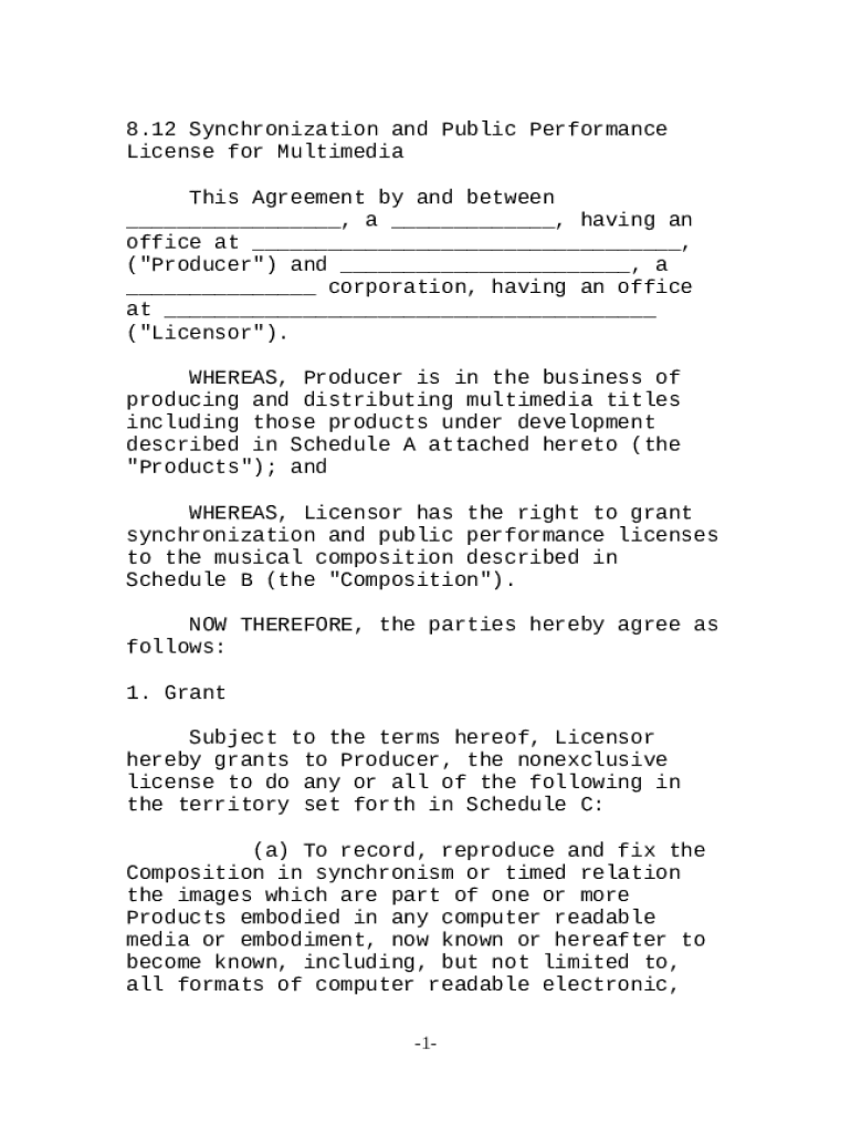 Synchronization and Public Perance License for Multimedia Doc Template | pdfFiller