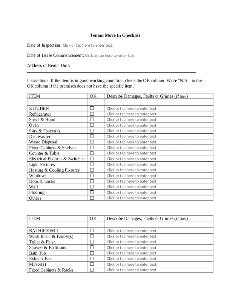 Tenant Move In Checklist Doc Template | pdfFiller