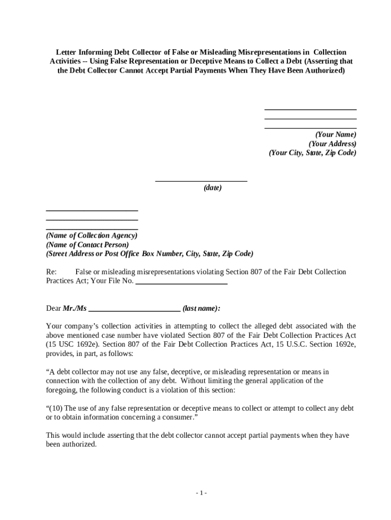 Letter Ining Debt Collector of False or Misleading Misrepresentations ...