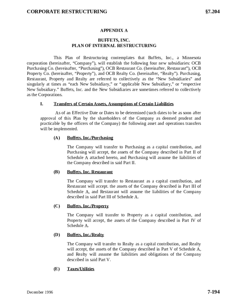 Buffets, Inc. Plan of Internal Restructuring Doc Template | pdfFiller