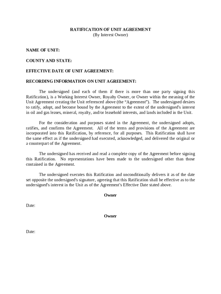 Ratification of Unit Agreement - Blank Fillable Template | Fill Out ...