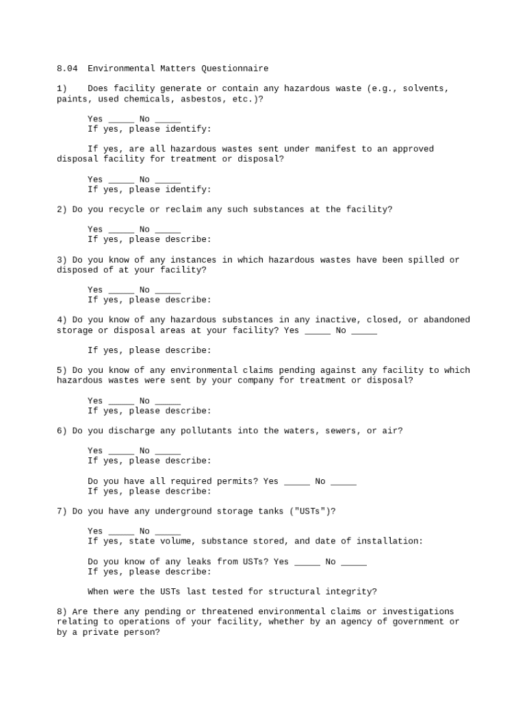 Environmental Matters Questionnaire Doc Template | pdfFiller