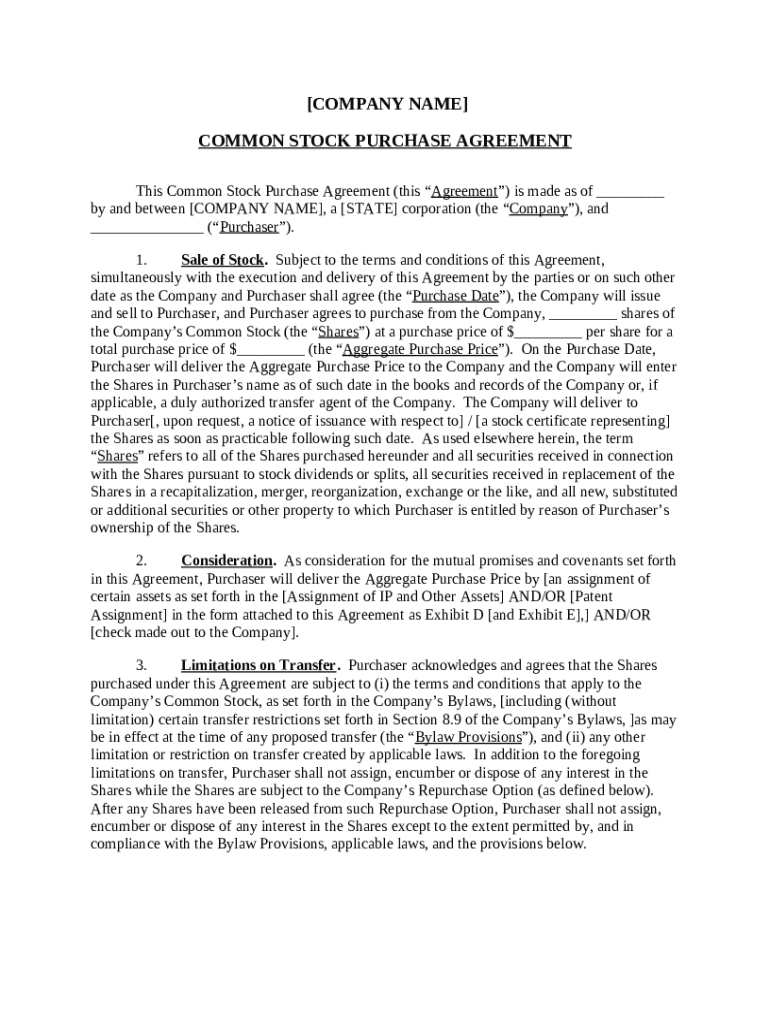 Common Stock Purchase Agreement - Blank Fillable Template | Fill Out ...