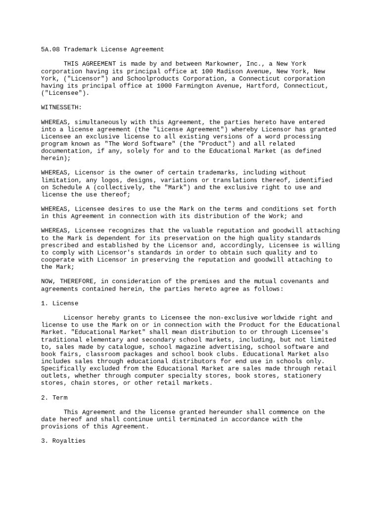 Trademark License Agreement Doc Template | pdfFiller