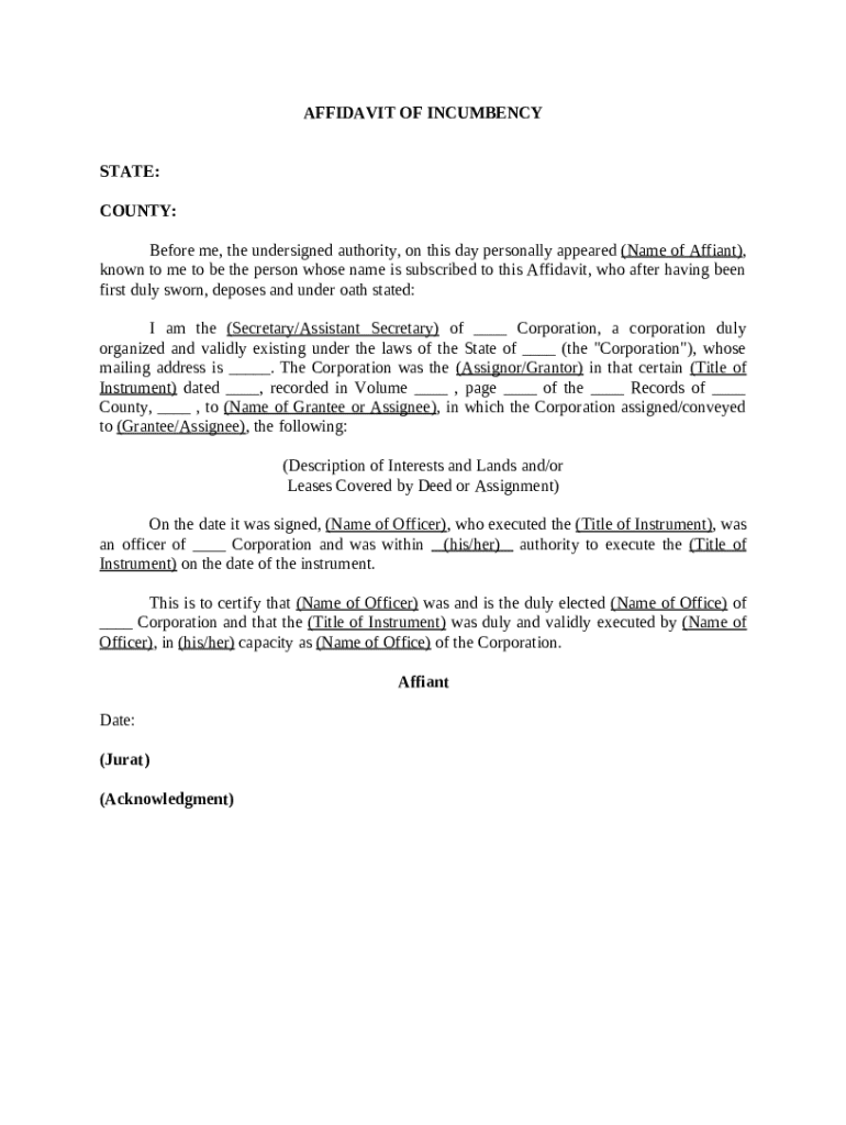 Affidavit of Incumbency Doc Template | pdfFiller