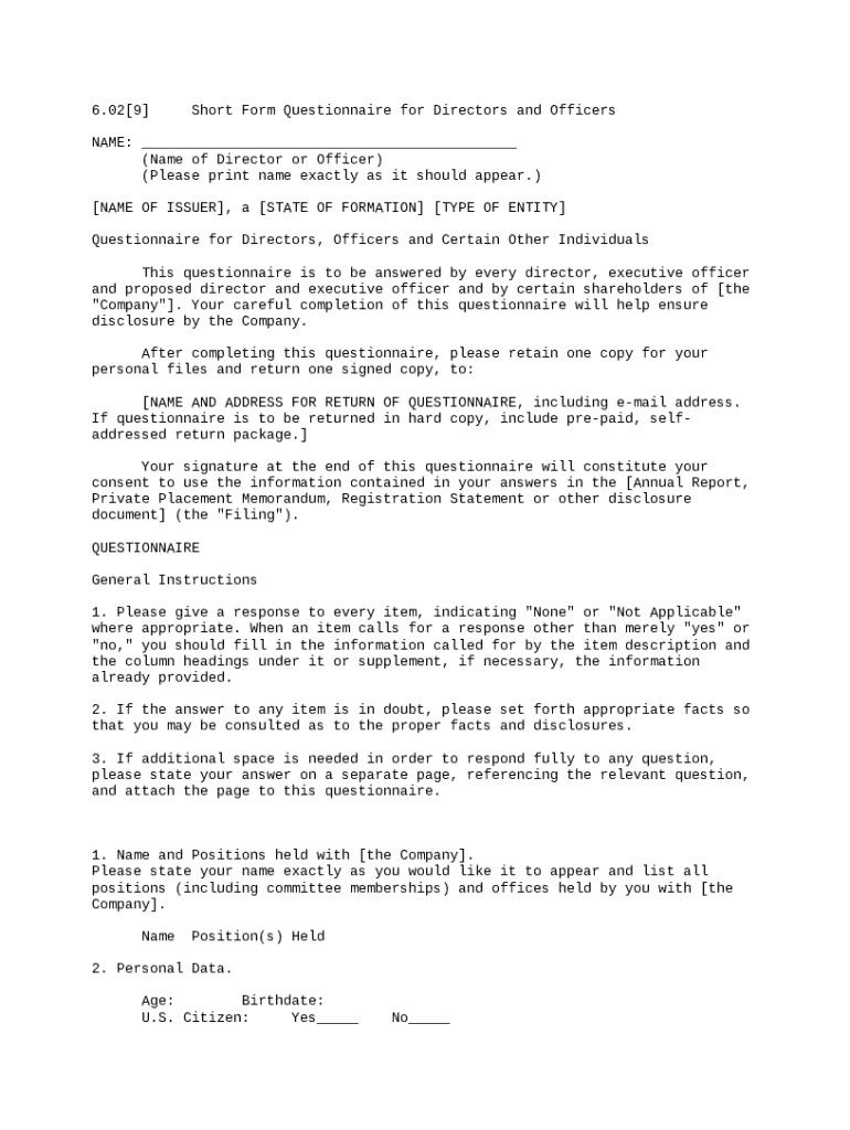 Short Questionnaire for Directors and Officers Doc Template | pdfFiller