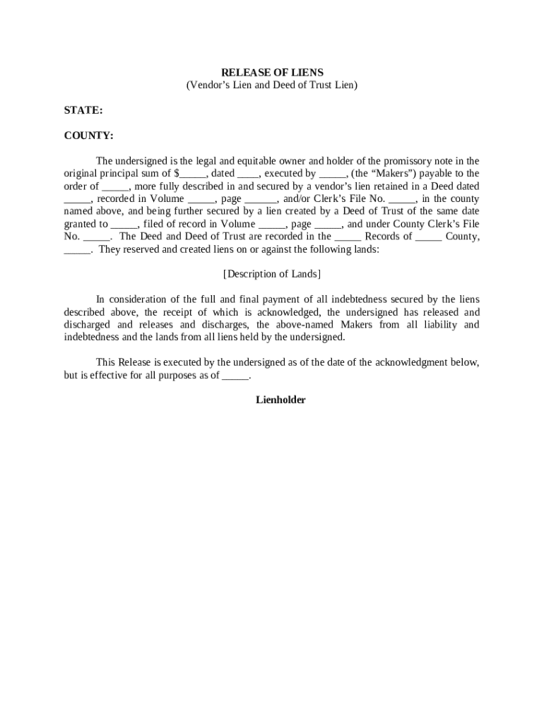 Release of Liens for Vendor's Lien and Deed of Trust Lien Doc Template | pdfFiller
