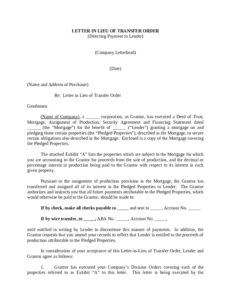 Letter in Lieu of Transfer Order Doc Template | pdfFiller