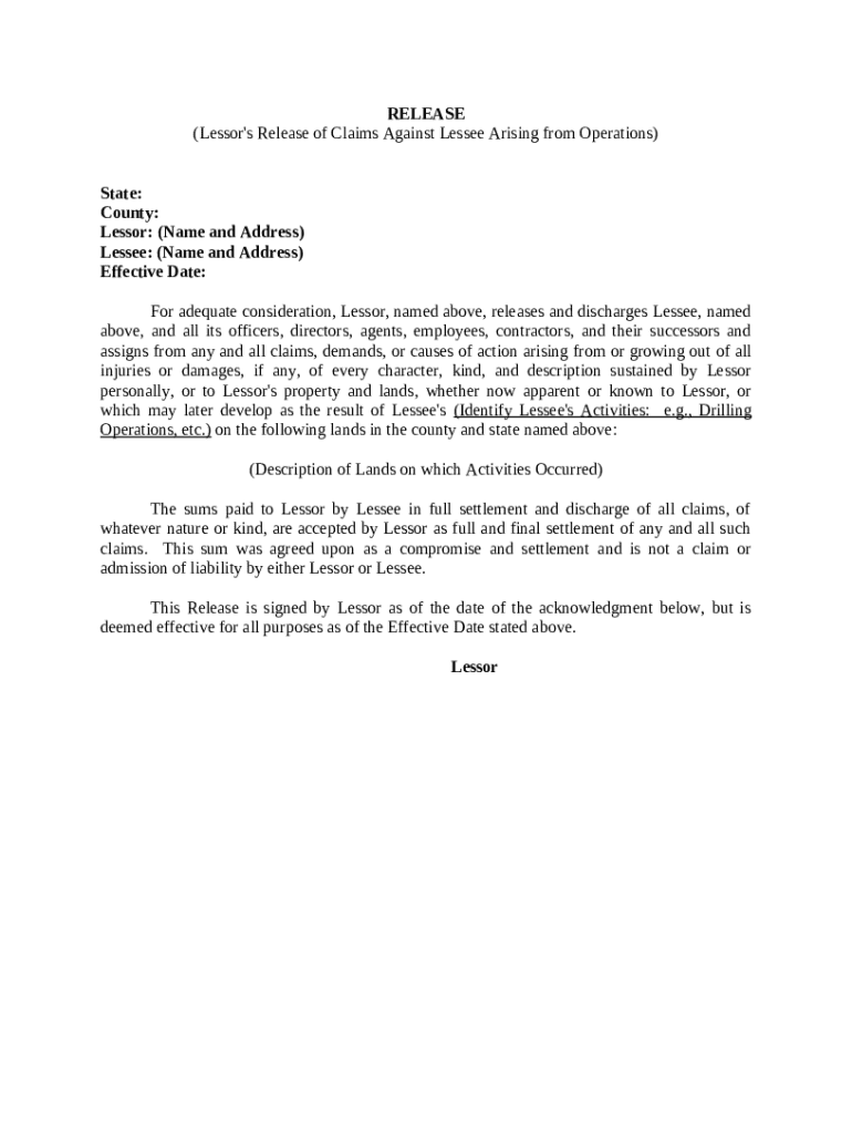Lessor's Release of Claims Against Lessee Doc Template | pdfFiller