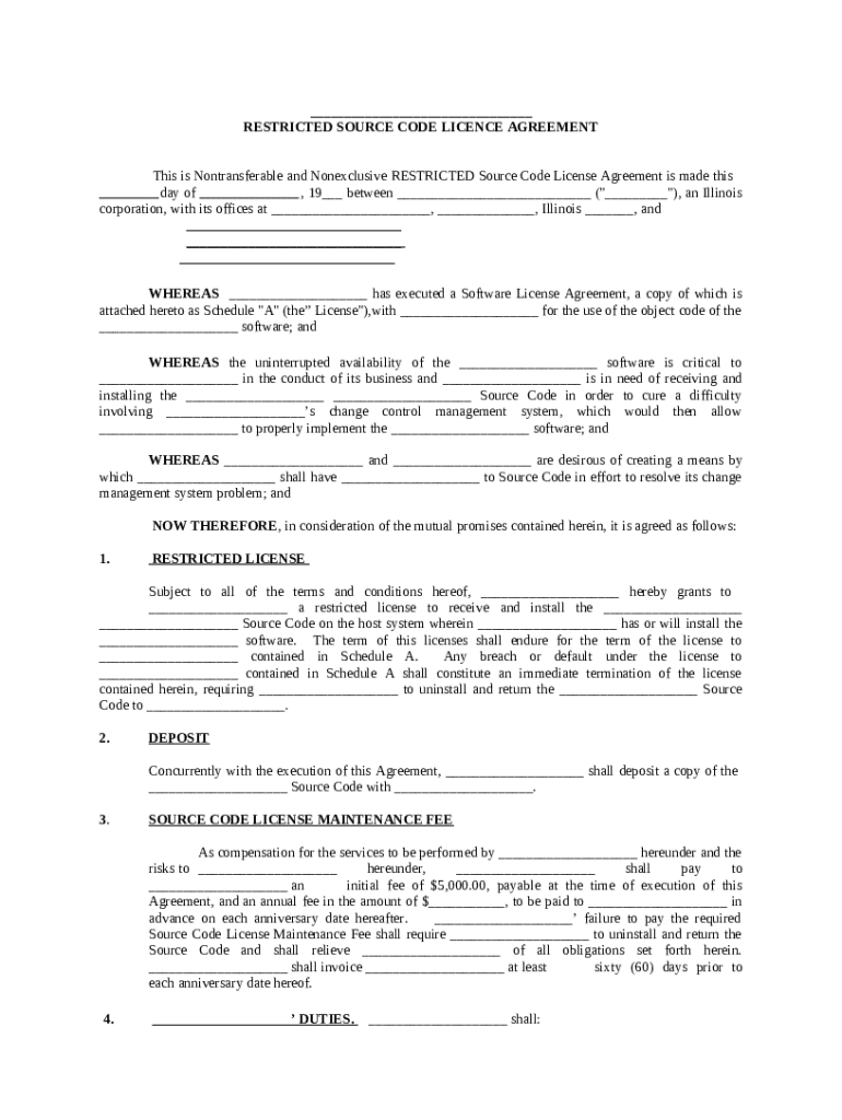 Restricted Source Code Licence Agreement Doc Template | pdfFiller