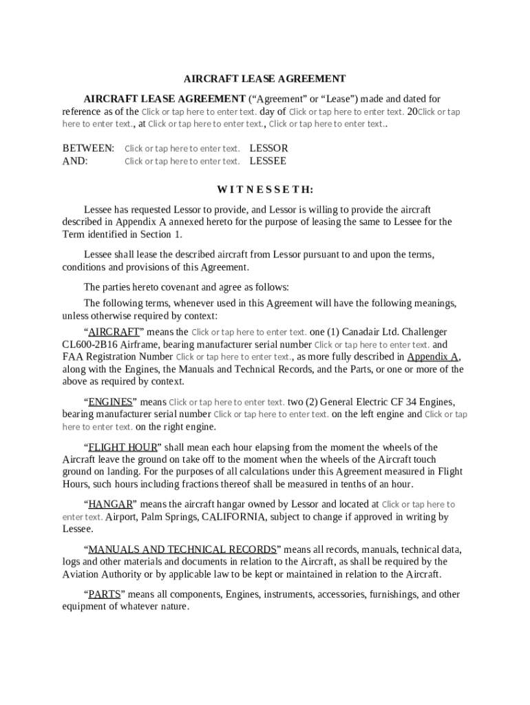 Aircraft Lease Agreement Doc Template | pdfFiller