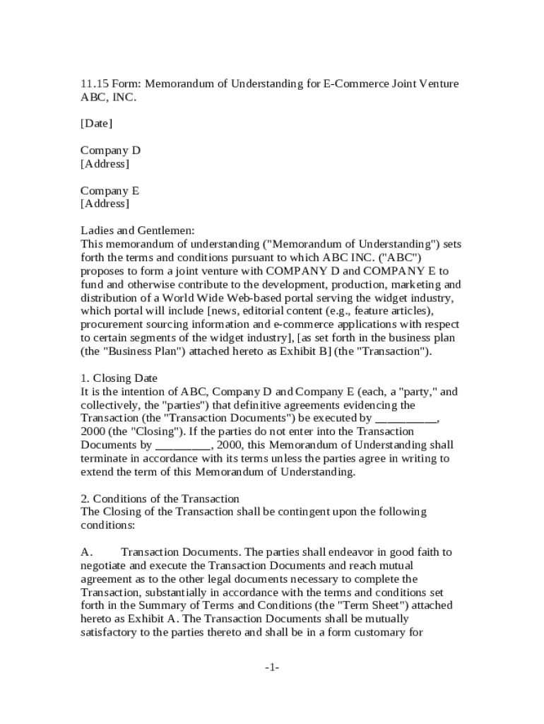 Memorandum of Understanding for E-Commerce Joint Venture ABC, Inc. Doc ...