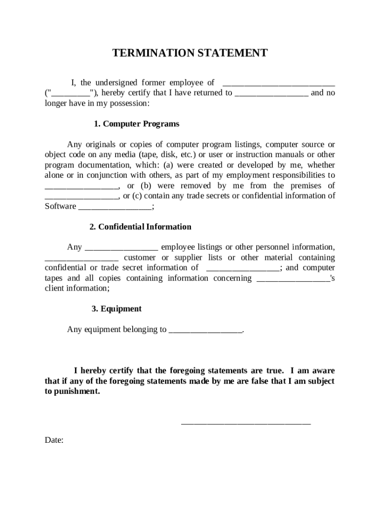 Employee Termination Statement Doc Template | pdfFiller