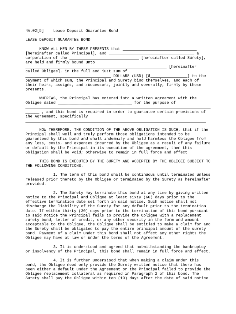 Lease Deposit Guarantee Bond - Blank Fillable Template | Fill Out ...