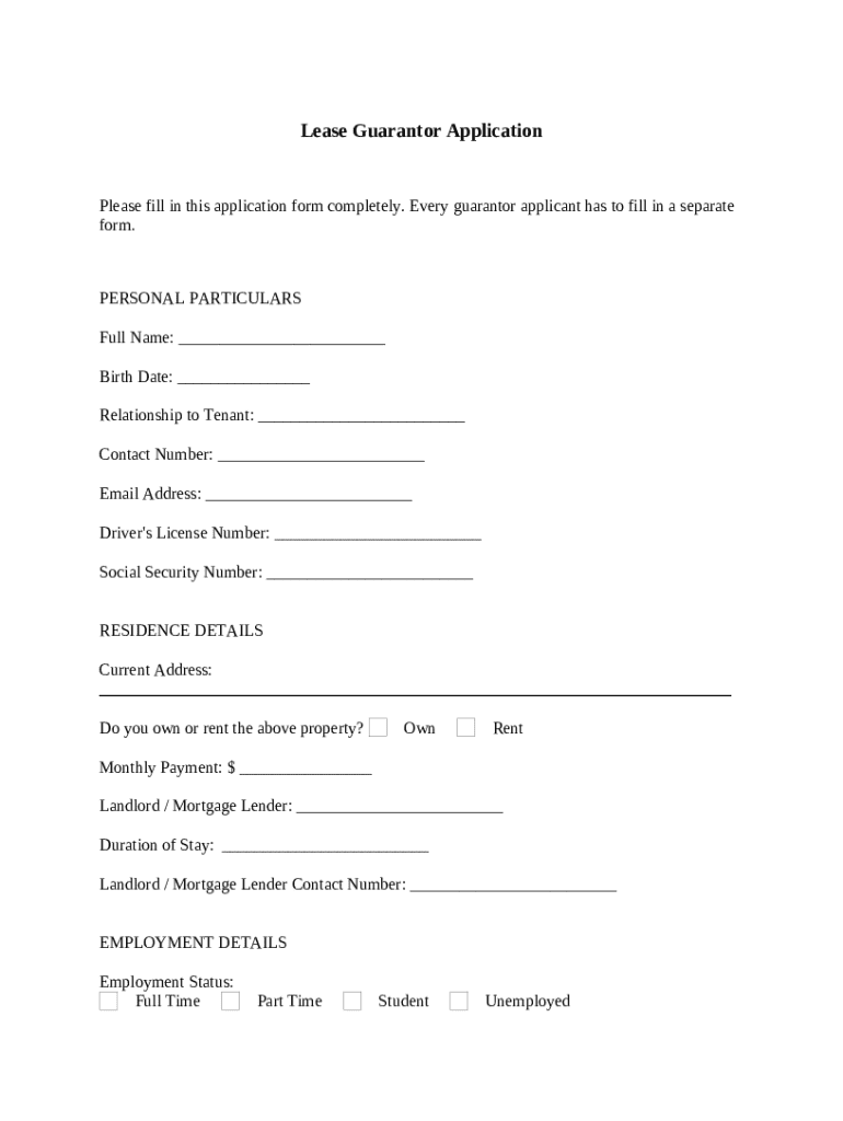 Basic Lease Guarantor Application Doc Template | pdfFiller