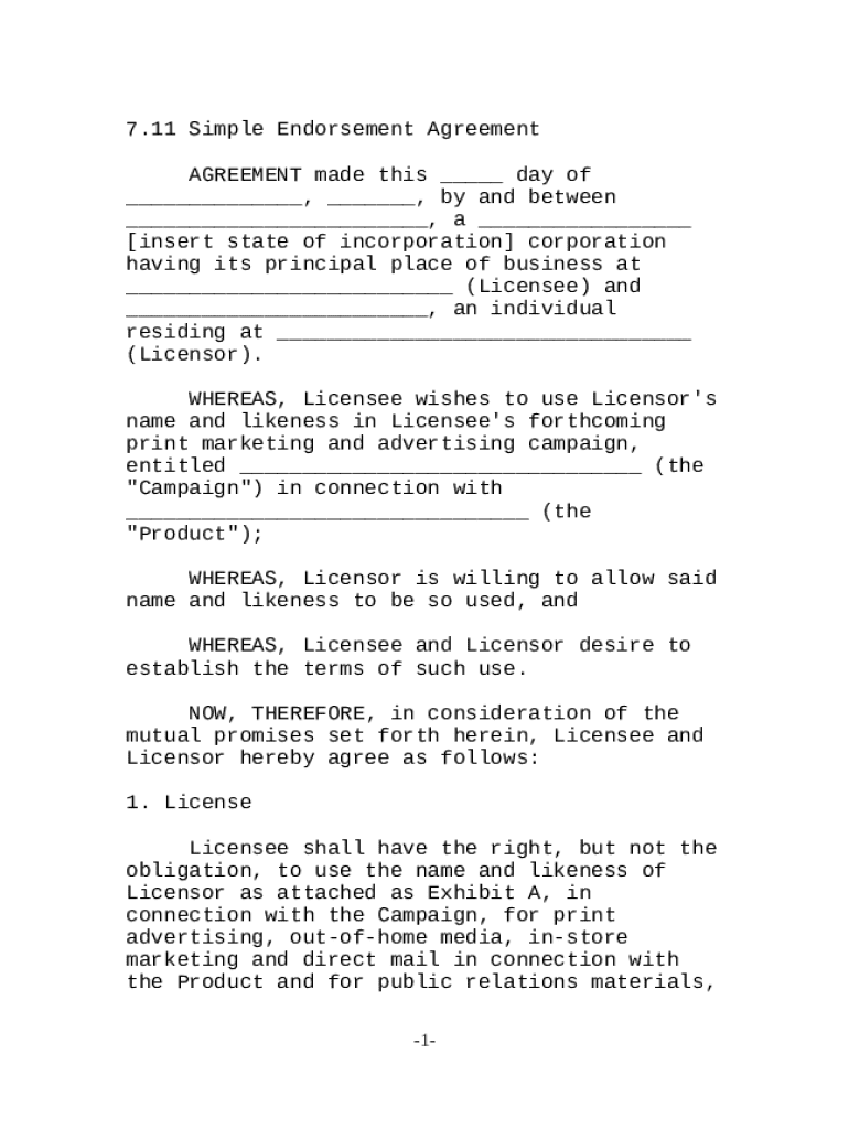 Simple Endorsement Agreement - Blank Fillable Template | Fill Out ...