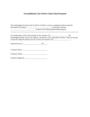 Unconditional Lien Waiver Upon Final Payment Doc Template | pdfFiller