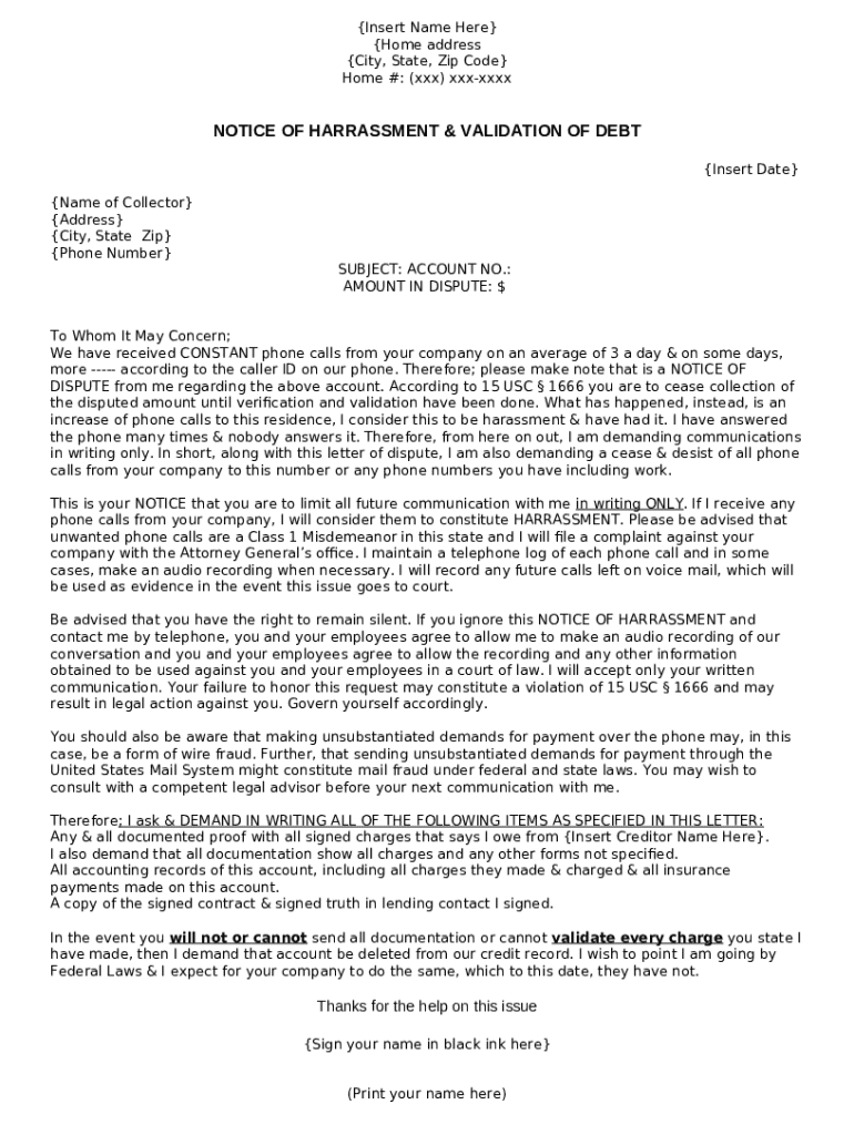 Notice of Harassment and Validation of Debt Doc Template | pdfFiller