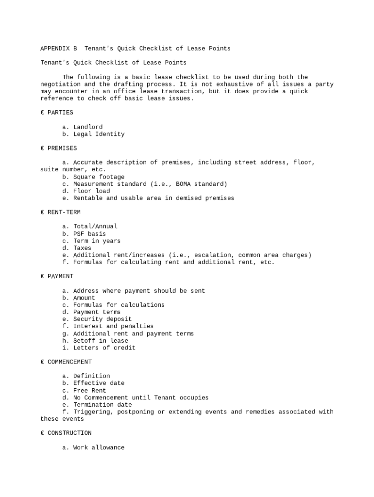 Tenant's Quick Checklist of Lease Points Doc Template | pdfFiller