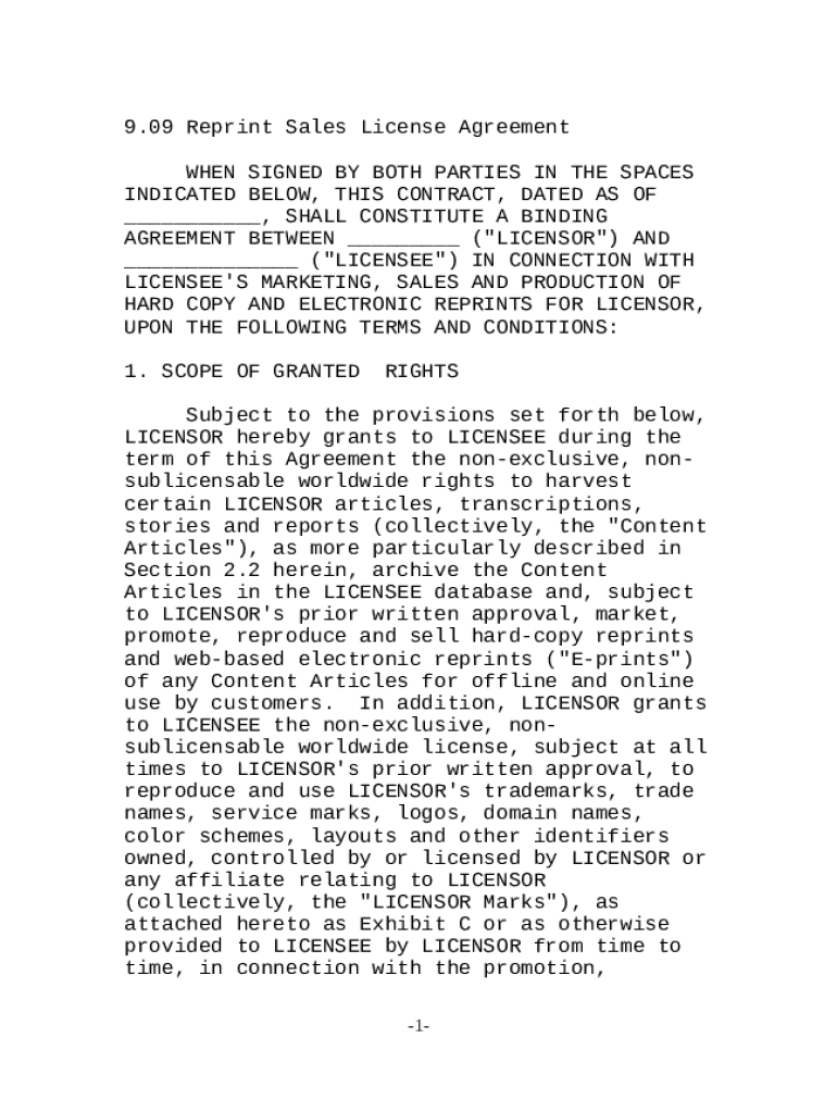 Reprint Sales License Agreement Doc Template | pdfFiller