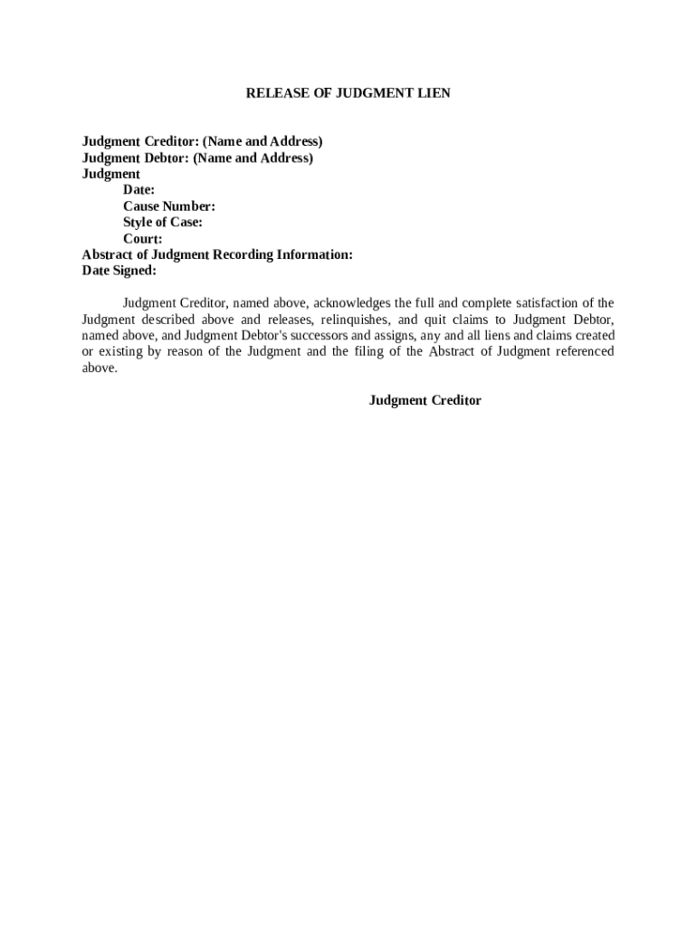 Release of Judgment Lien Doc Template | pdfFiller