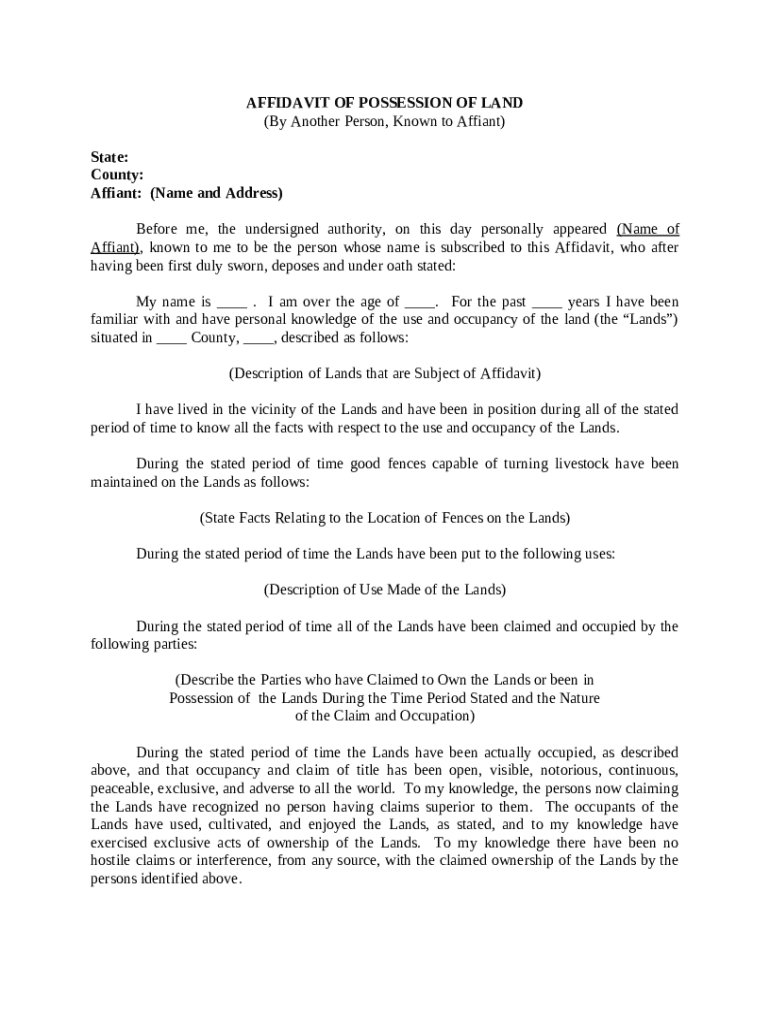 Affidavit of Possession of Land (by Another Person, Known to Affiant ...