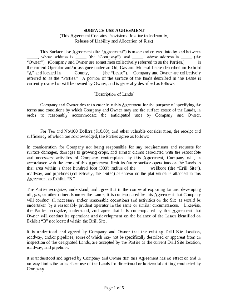 Surface Use Agreement (Contains Provisions Relative to Indemnity) Doc ...