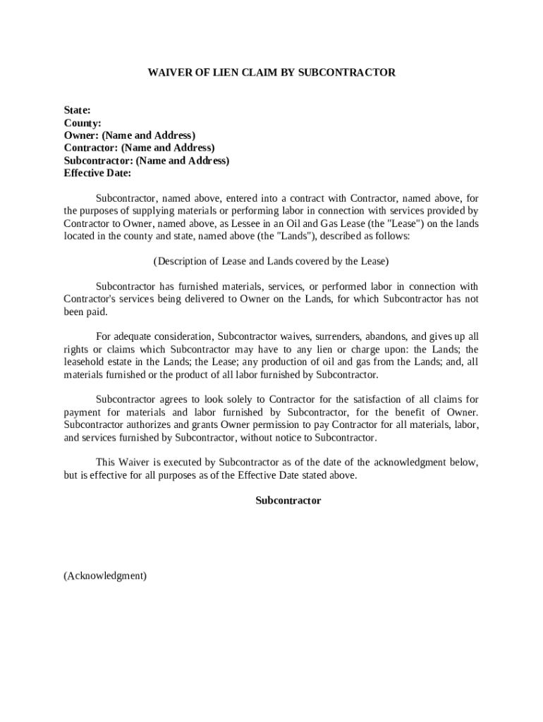 Waiver of Lien Claim by Subcontractor Doc Template | pdfFiller
