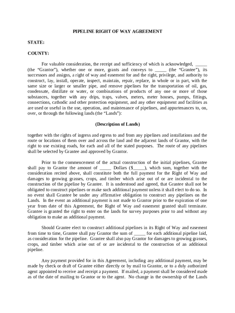 Pipeline Right of Way Agreement Doc Template | pdfFiller