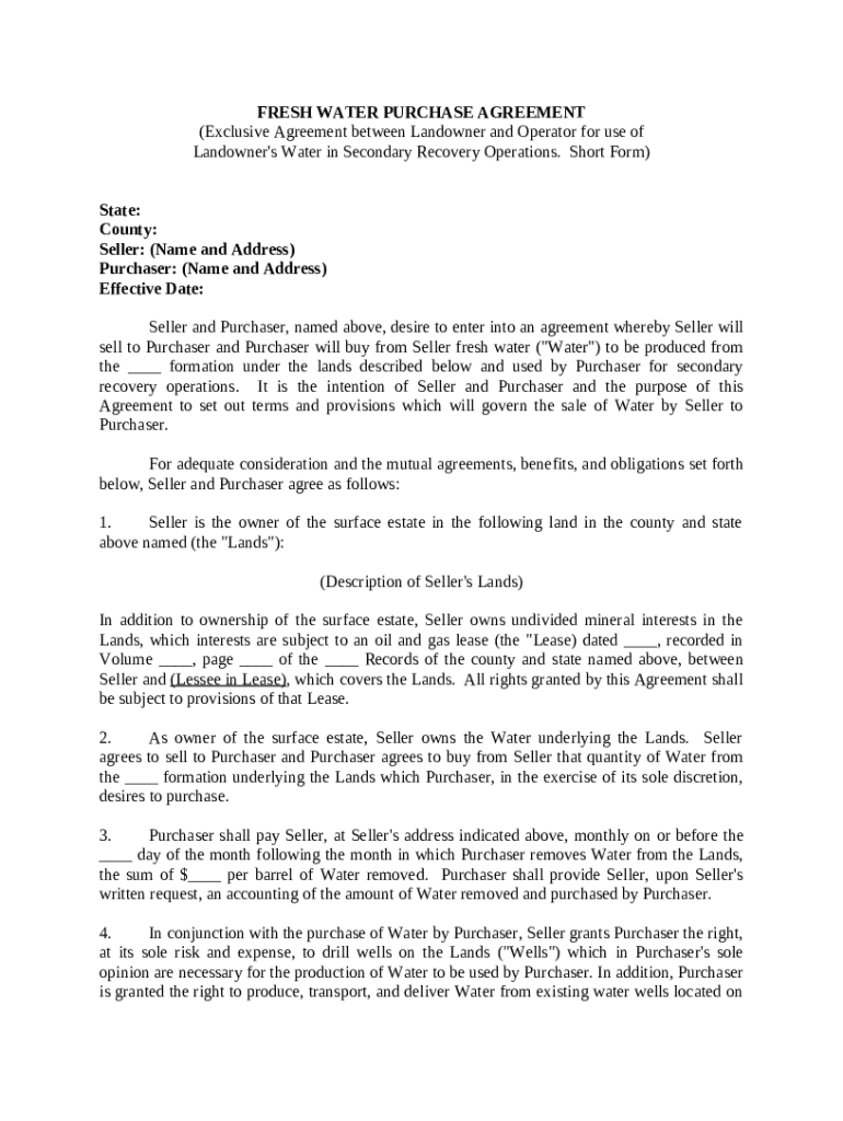 Fresh Water Purchase Agreement Between Landowner and Operator For Use ...