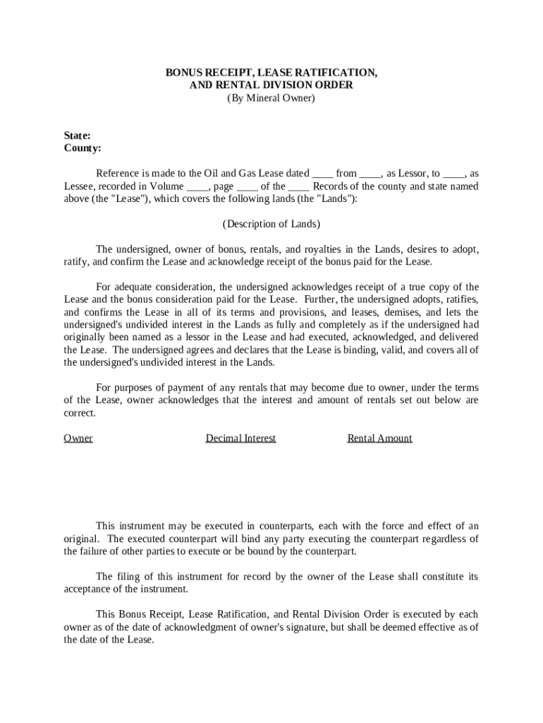 Bonus Receipt, Lease Ratification, and Rental Division Order by Mineral ...