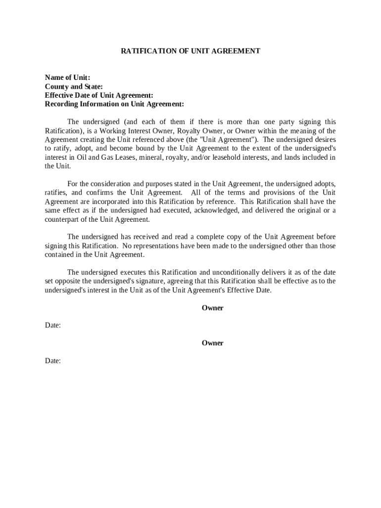 Ratification of Unit Agreement Doc Template | pdfFiller