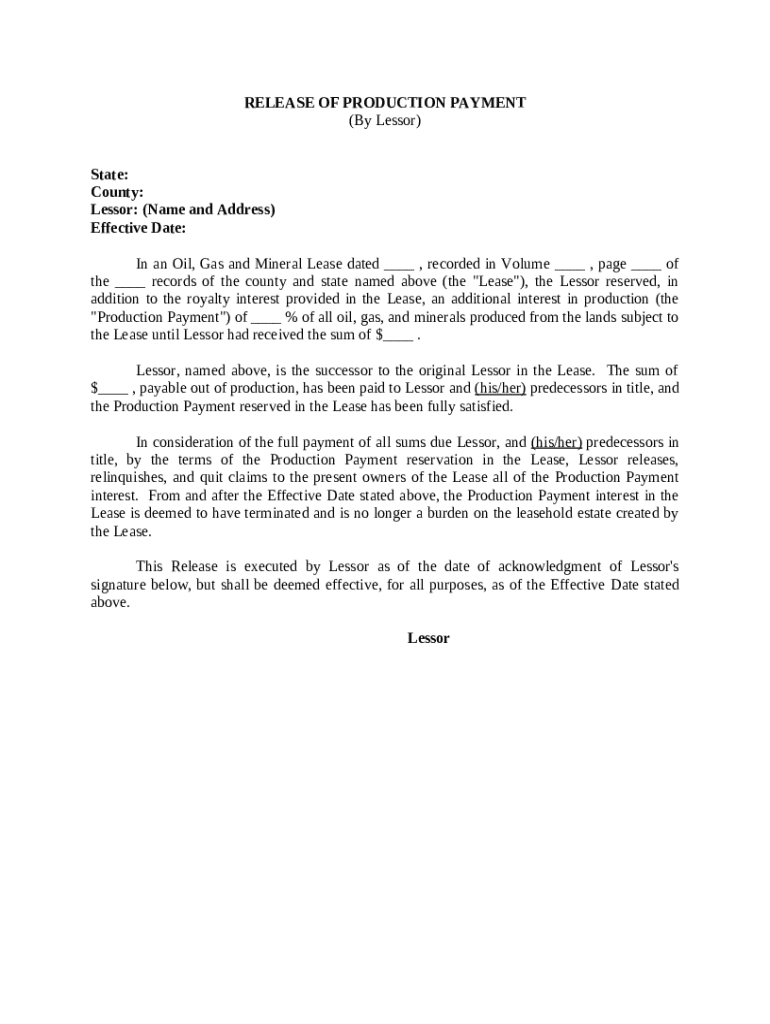 Release of Production Payment - Blank Fillable Template | Fill Out ...