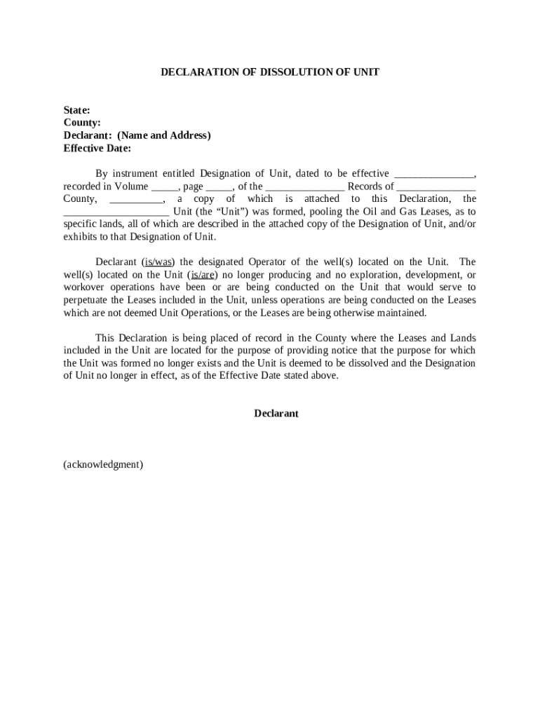 Declaration of Dissolution of Unit Doc Template | pdfFiller