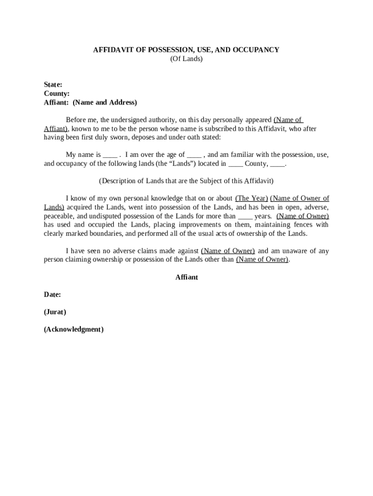Affidavit of Possession, Use, and Occupancy of Lands Doc Template | pdfFiller