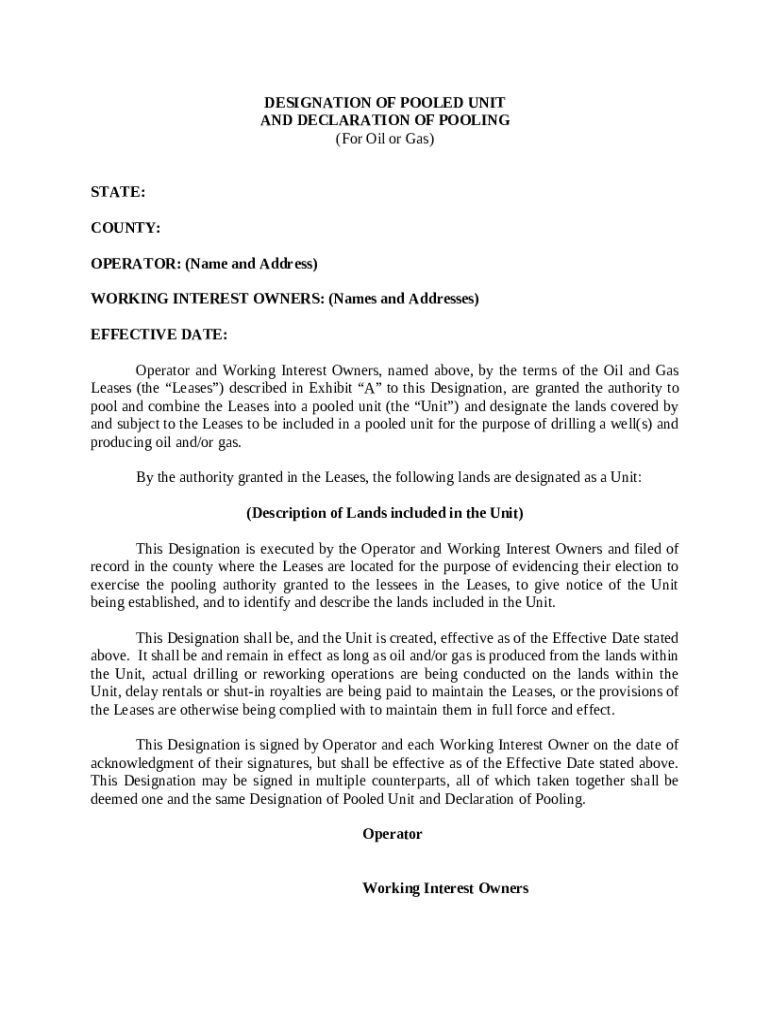 Designation of Pooled Unit and Declaration of Pooling Doc Template ...