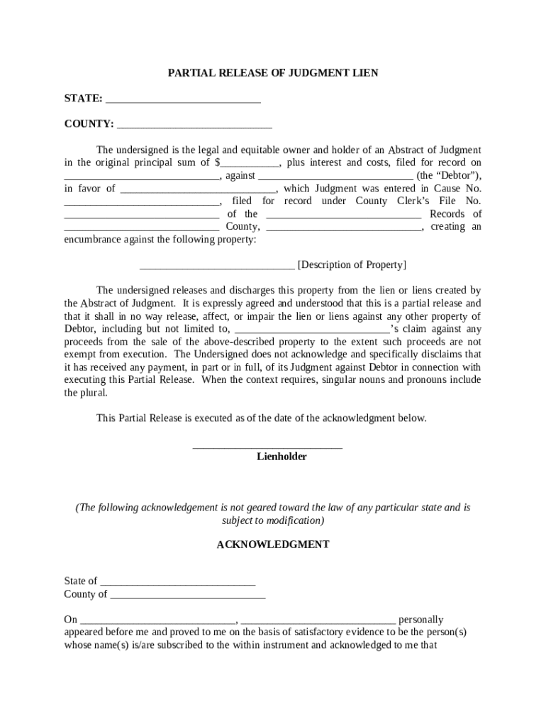 Partial Release of Judgment Lien Doc Template | pdfFiller