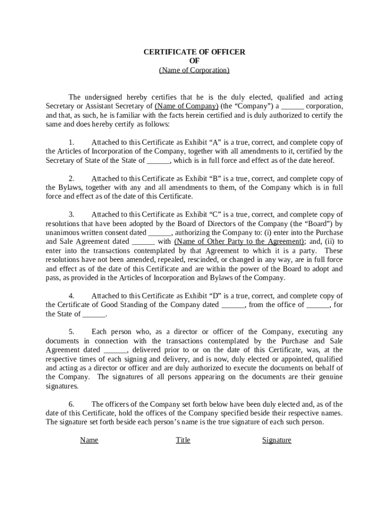 Certificate of Officer - Blank Fillable Template | Fill Out, Print ...