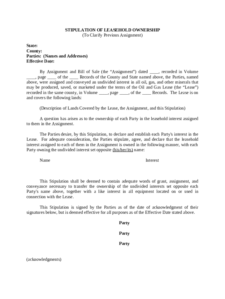 Stipulation of Leasehold Ownership Doc Template | pdfFiller