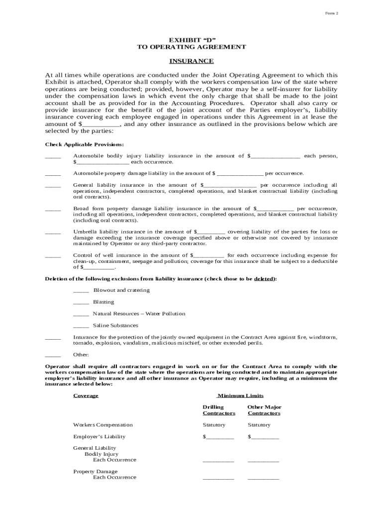 Exhibit D to Operating Agreement Insurance - 2 Doc Template | pdfFiller