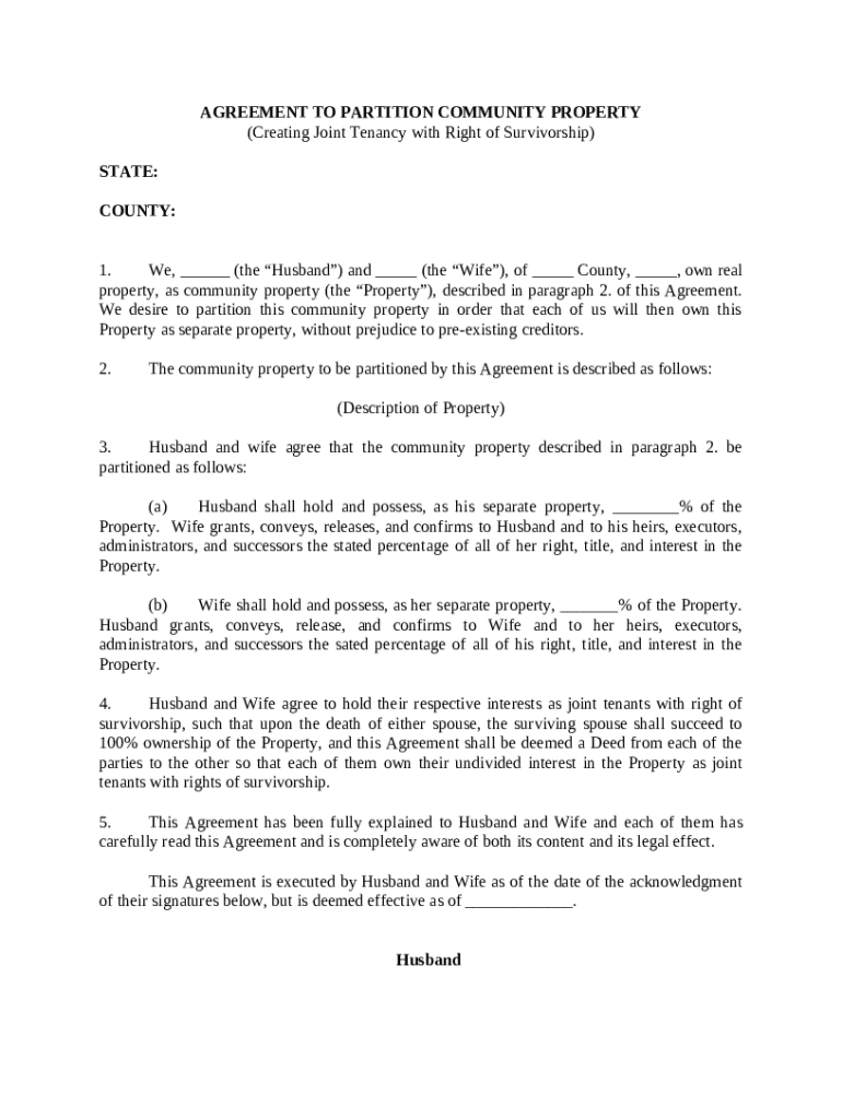 Agreement to Partition Community Property (Creating Joint Tenancy with ...
