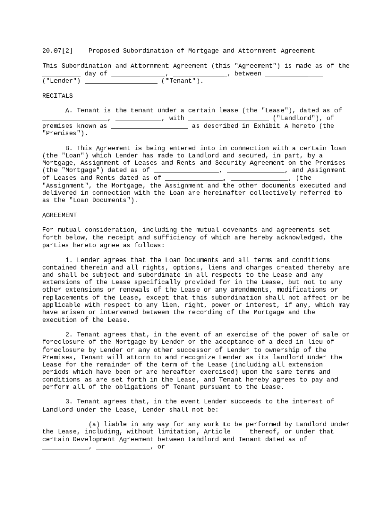 Subordination of Mortgage and Attornment Agreement Doc Template | pdfFiller
