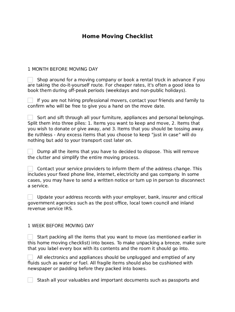 Home Moving Checklist Doc Template | pdfFiller