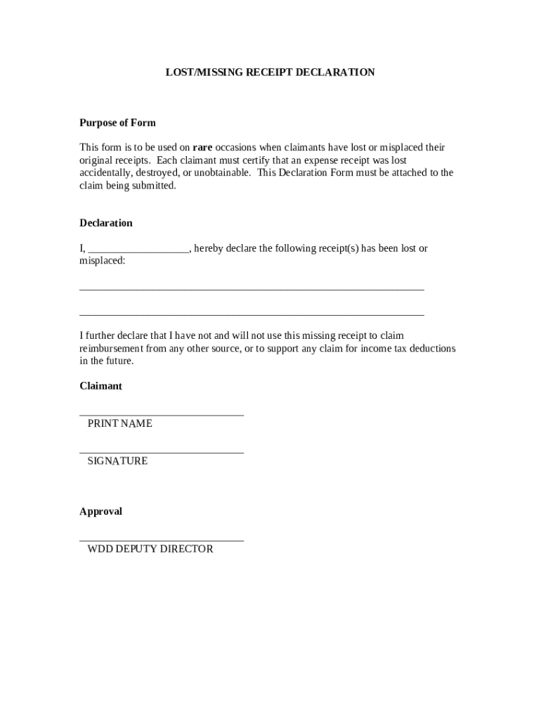 Lost/Missing Receipt Declaration Doc Template | pdfFiller