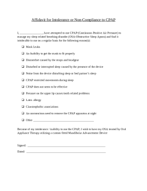 Affidavit for Intolerance or Non-compliance to Cpap Doc Template ...