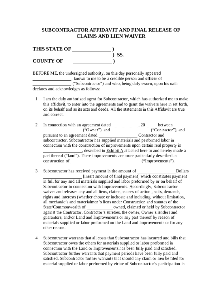Subcontrator Affidavit and Final Release of Claims and Lien Waiver Doc Template | pdfFiller