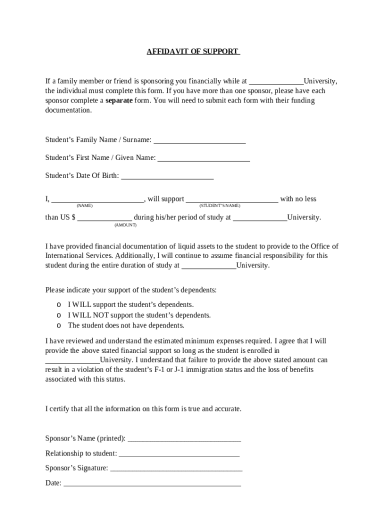 Affidavit of Support Doc Template | pdfFiller